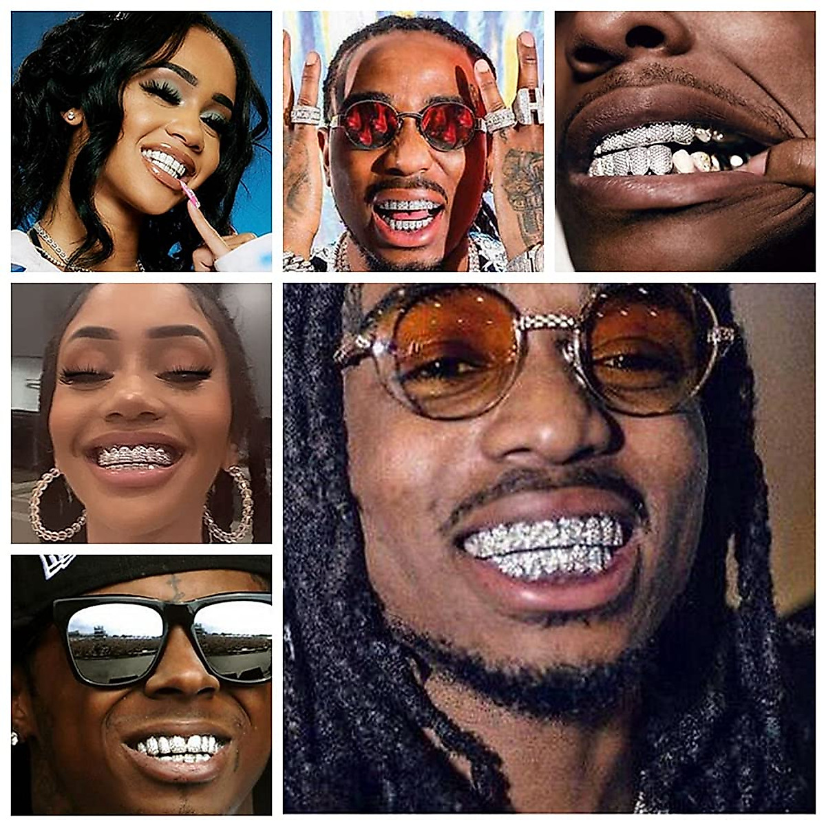 HH BLING EMPIRE Iced Out Diamond Teeth Grillz for Men Women, Hip Hop Silver Gold Grills for Your Teeth Top and Bottom, Rapper Costume Mouth Grillz with Silicone Molding Bars (Silver)
