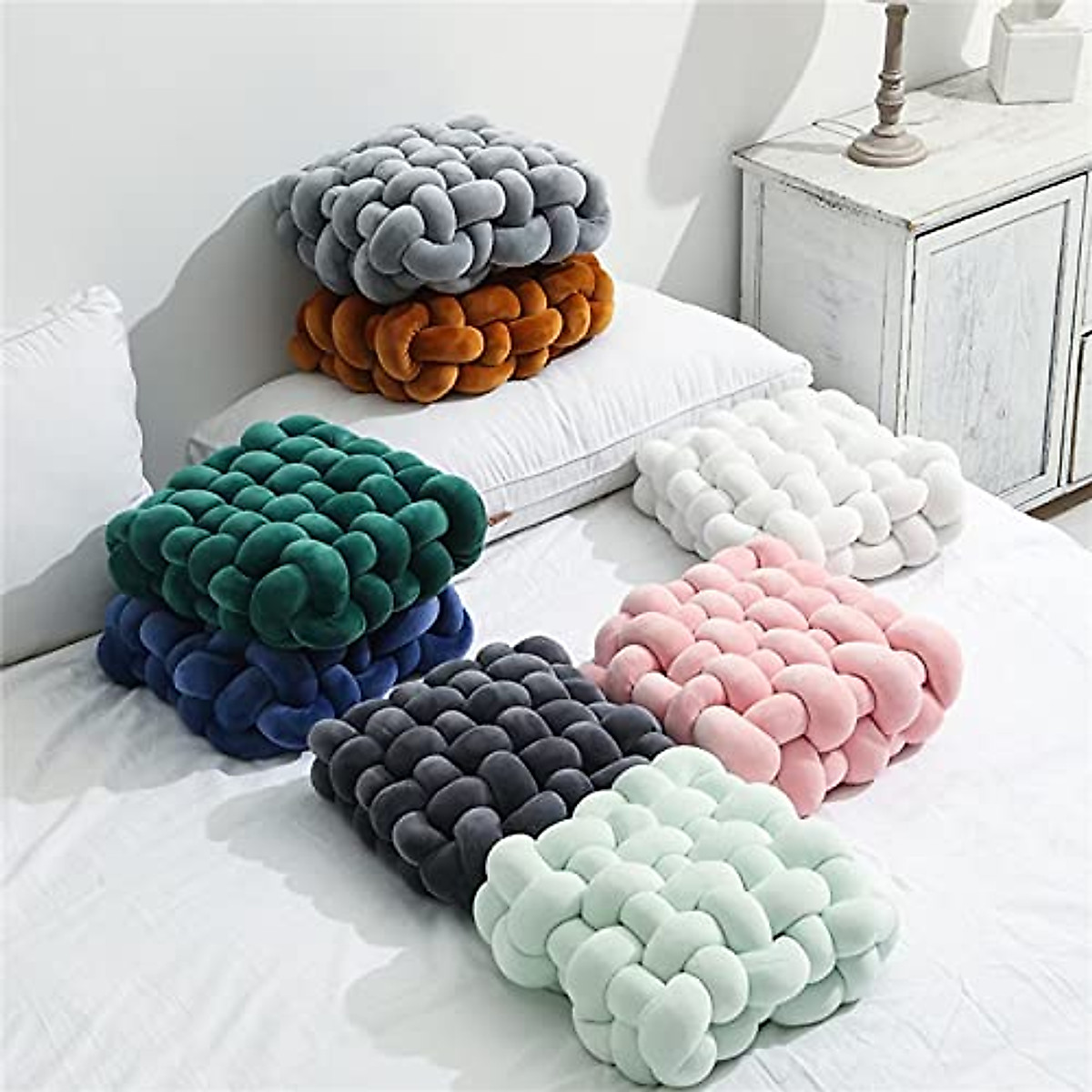 Togtlafil Soft Square Knotted Throw Pillows Elastic Cute Plush Braided Cushion Thicken Sofa Home Decoration,Light Green 16in