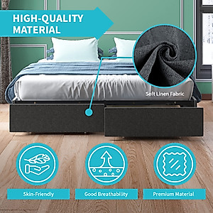 CECER California King Size Bed Frame with 2 Storage Drawers, Linen Platform Bed Frame with Wood Slat Support, No Box Spring Needed, Easy Assembly, Dark Grey