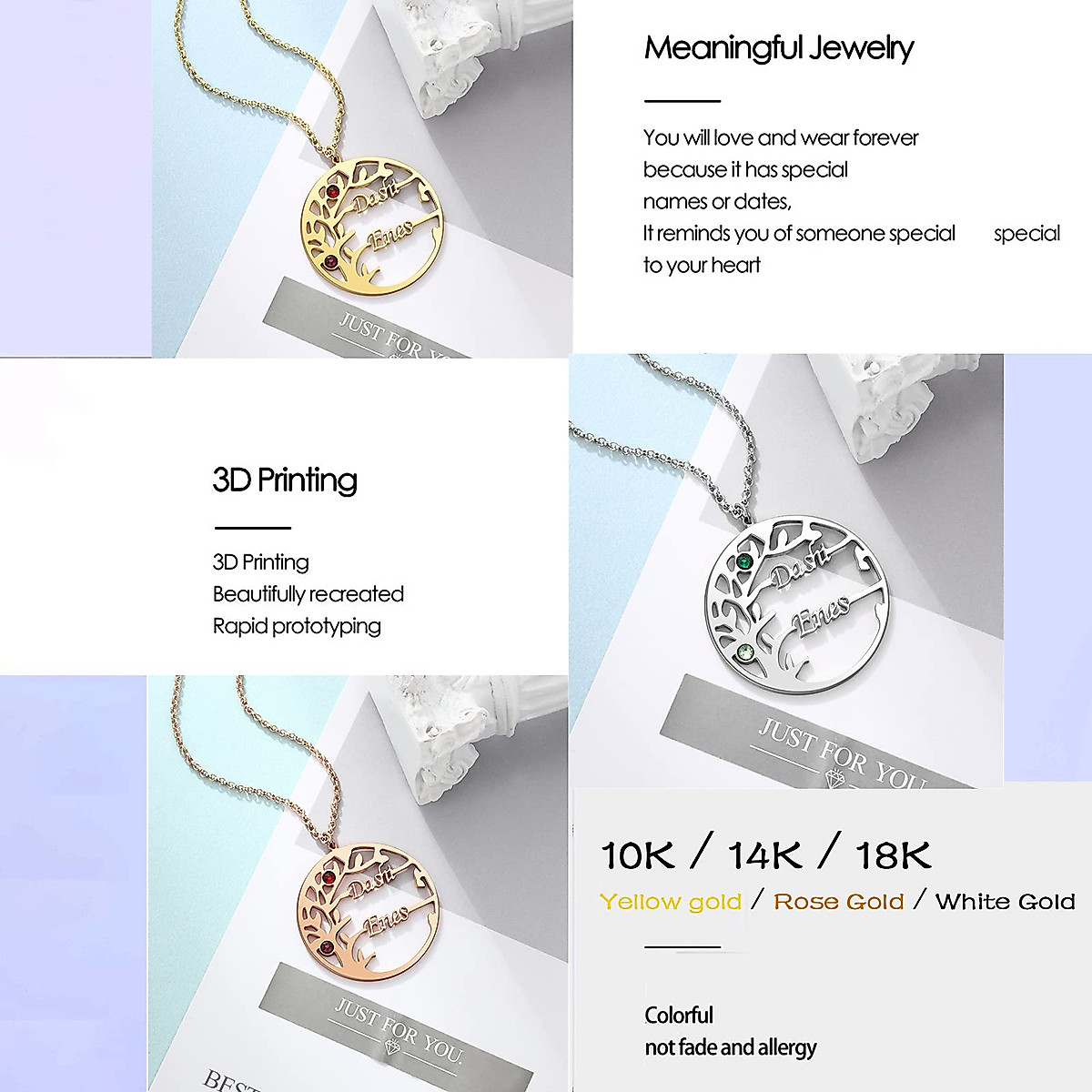 MRENITE 10k 14k 18k Solid Yellow Gold Personalized Name Family Tree Necklace with Birthstone –Dainty Nameplate Tree of Life Birthstone Pendant- Custom Any Name Gift for Womens Adults Mens (2 names)