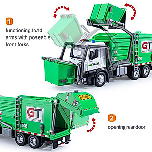 Garbage Truck Toys Metal Cab, Realistic Trash Truck Toys for Boys with Lights and Sounds, Friction Powered Recycling Truck for Kids, Front Loader with Dumpster, 4 Trash Bins with Trash Cards, 12"