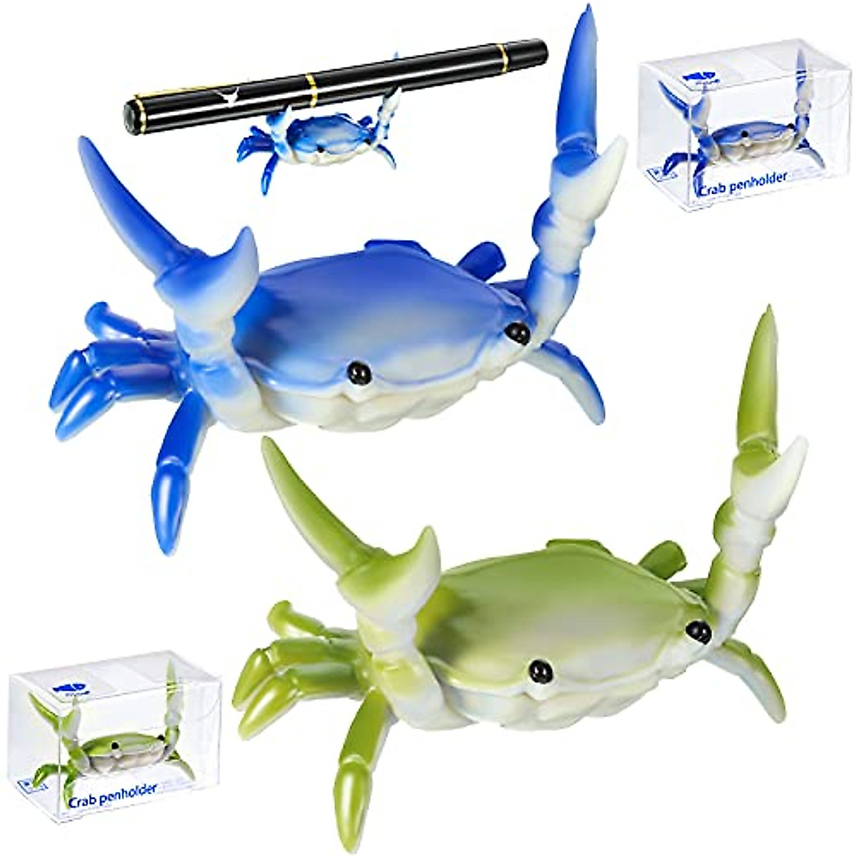Zonon 2 Pieces Japanese Creative Cute Crab Pen Holder for Desk Weightlifting Crab Pen Holder Creative Present Stand Storage Stationery Desktop Decoration Ornament, Blue and Green