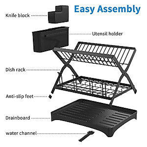 2-Tier Dish Drying Rack, Multifunctional Dish Rack for Kitchen Counter, Rustproof Kitchen Dish Drying Rack,Space-Saving Dish Drying Rack with Utensil Holder,Cups Holder,Extra Drying Mat,Large-Capacity