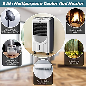 COSTWAY Evaporative Cooler and Heater, Portable Cooling Fan with Remote Control, 3-Mode, 3-Speed and Timer Function, Include Ice Crystal Boxes, Water Tank and Casters, Bladeless Cooler for Home Office