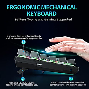 Mechanical Gaming Keyboard, 98 Keys RGB Backlit Keyboard with Detachable Type-C Cable, Double Shot Floating Keycaps, Blue Switch Full Anti-Ghost Wired Computer Keyboard for Windows PC Mac Xbox Gamer