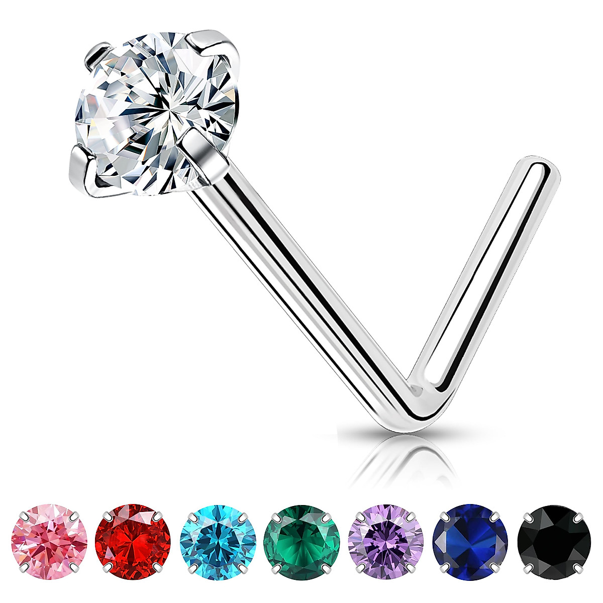 Enticera 2mm G23 Titanium Nose Rings Studs for Sensitive Skin 20g Handmade Small L Shaped Nose Rings for Women Men Round CZ Nose Piercing Jewelry White