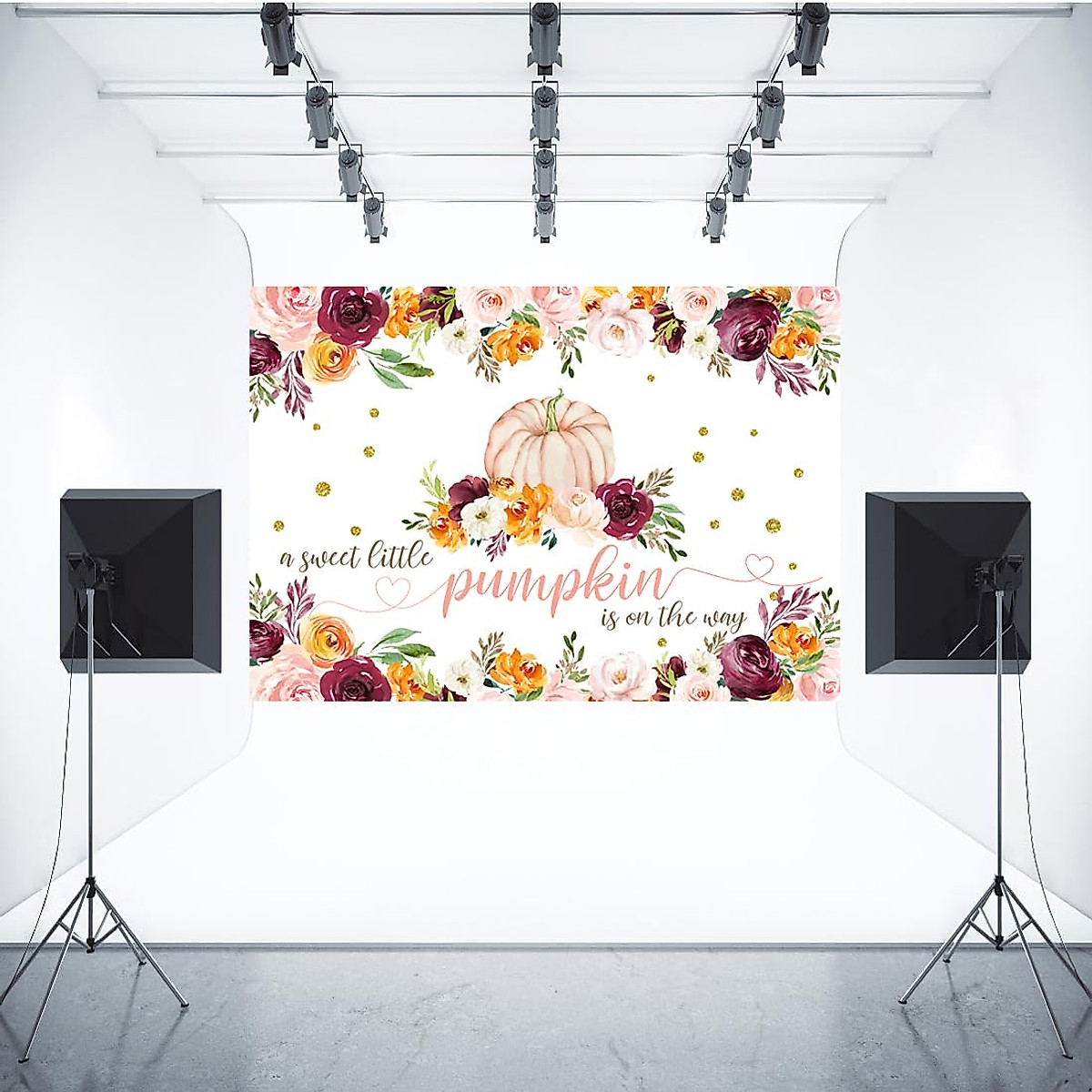 Aperturee 7x5ft Fall Pumpkin Baby Shower Backdrop Autumn Red Pink Yellow Floral Gold Glitter Photography Background A Sweet Pumpkin is On The Way Girl Princess Thanksgiving Photo Studio Booth Banner
