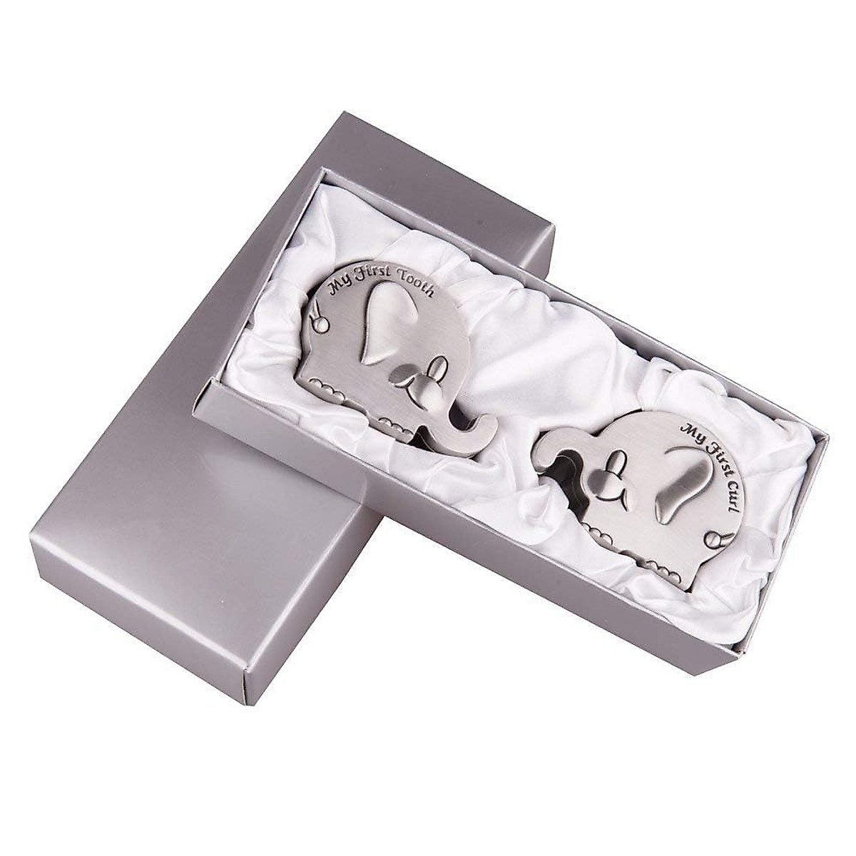 Feyarl Kids First Curl and Teeth Fairy Holder Containter Keepsake Box Tins Keeper for Christening Newborn Shower Kids Birthday Gift Metallic Engraved Elephant Shape (2.4 x 1.6 x 1.2 inches)
