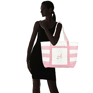 DALIX Striped Beach Bag Tote Bags Satchel Personalized Pink Ballent Letter A