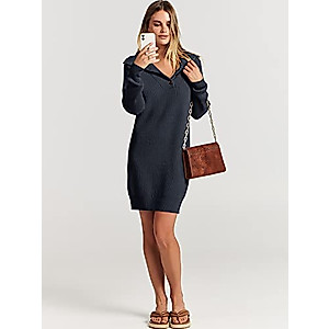 ANRABESS 2023 Fall Long Sleeve Womens Sweater Dress Oversized Lapel Collar Button V Neck Ribbed Loose Fit Casual Trendy Pullover Short Mini Fashion Dresses B782zanglan-L Navy Blue