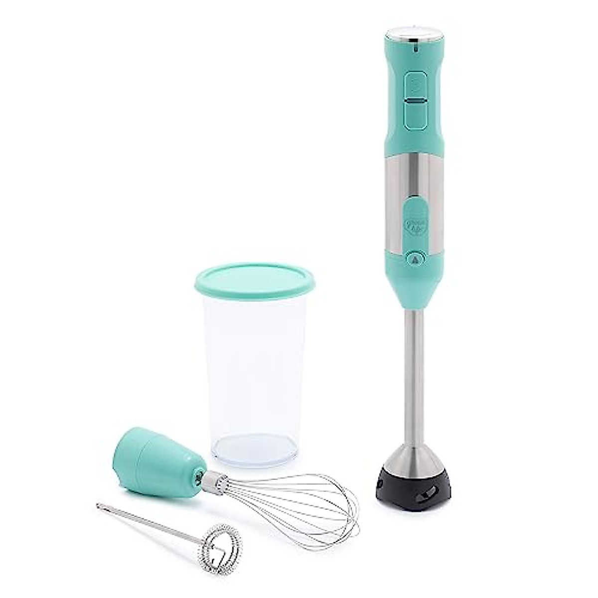 GreenLife 500-Watt Immersion Electric Handheld Stick Blender with Stainless Steel Blades, Whisk, Frother, Measuring Cup and Lid, Soups, Puree, Cake, Multi-Speed Control, Portable, Turquoise