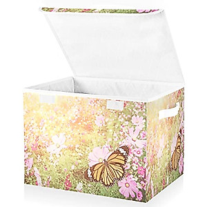 Blueangle Collapsible Storage Boxes 1 Pack, Cosmos Flower Field Butterfly Storage Baskets with Lids and Handle for Home Bedroom Closet Office（78）