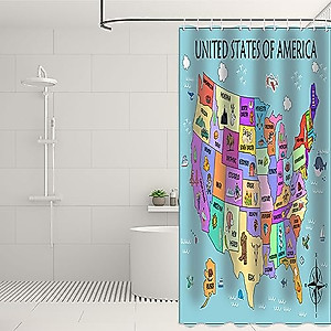 DLTAY United States Map Shower Curtain, USA Shower Curtain Cartoon Animal US Map Kids Educational Shower Curtain Set Waterproof Bath Tub Curtain Bathroom Decor with 12 Hooks, 72x72 inches