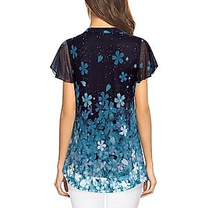 Youtalia Womens Petite Tunic Tops Short Sleeve, Ladies Blouses and Tops Dressy V Neck Floral Work Blouses Polyester Shirts Fancy Women Tops Evening Party Layered Dress Shirts Blue Sakura M