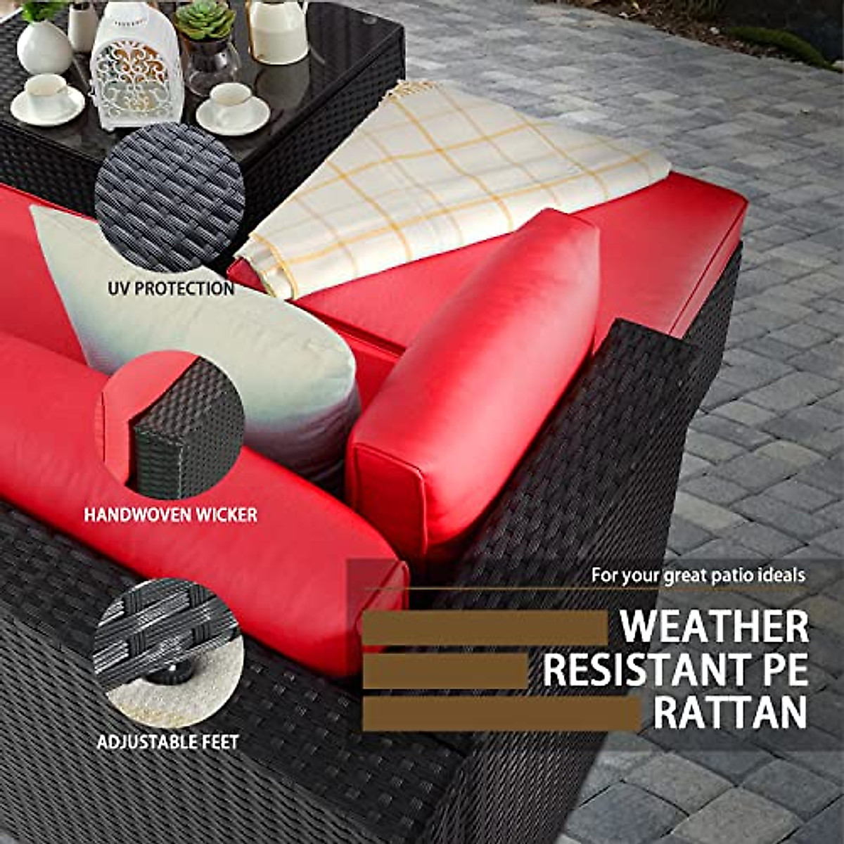 Pretzi 5 Pieces Patio Furniture Sets, Outdoor Sectional Sofa, All Weather Rattan Wicker Couch with Washable Cushions and Glass Table, Patio Conversation Set for Porch Backyard Garden Pool Deck Balcony