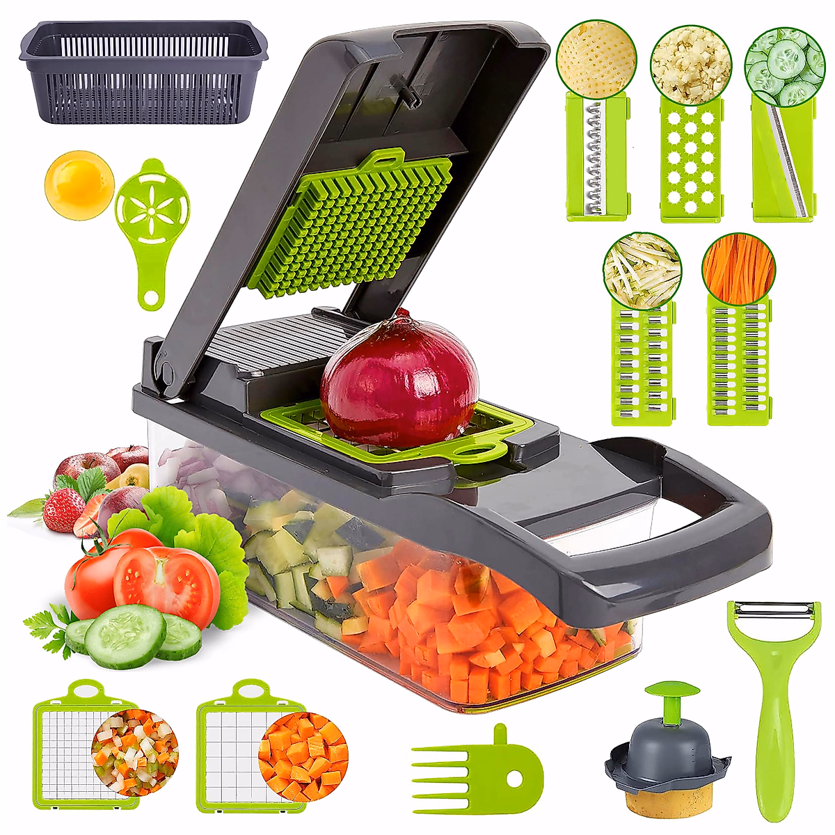 Vegetable Chopper | Pro Onion Chopper, RKINC Multifunctional 14 in 1 Food Chopper, Kitchen Vegetable Slicer Dicer Cutter, Peeler Veggie Chopper With 8 Blades, Carrot and Garlic Chopper With Container