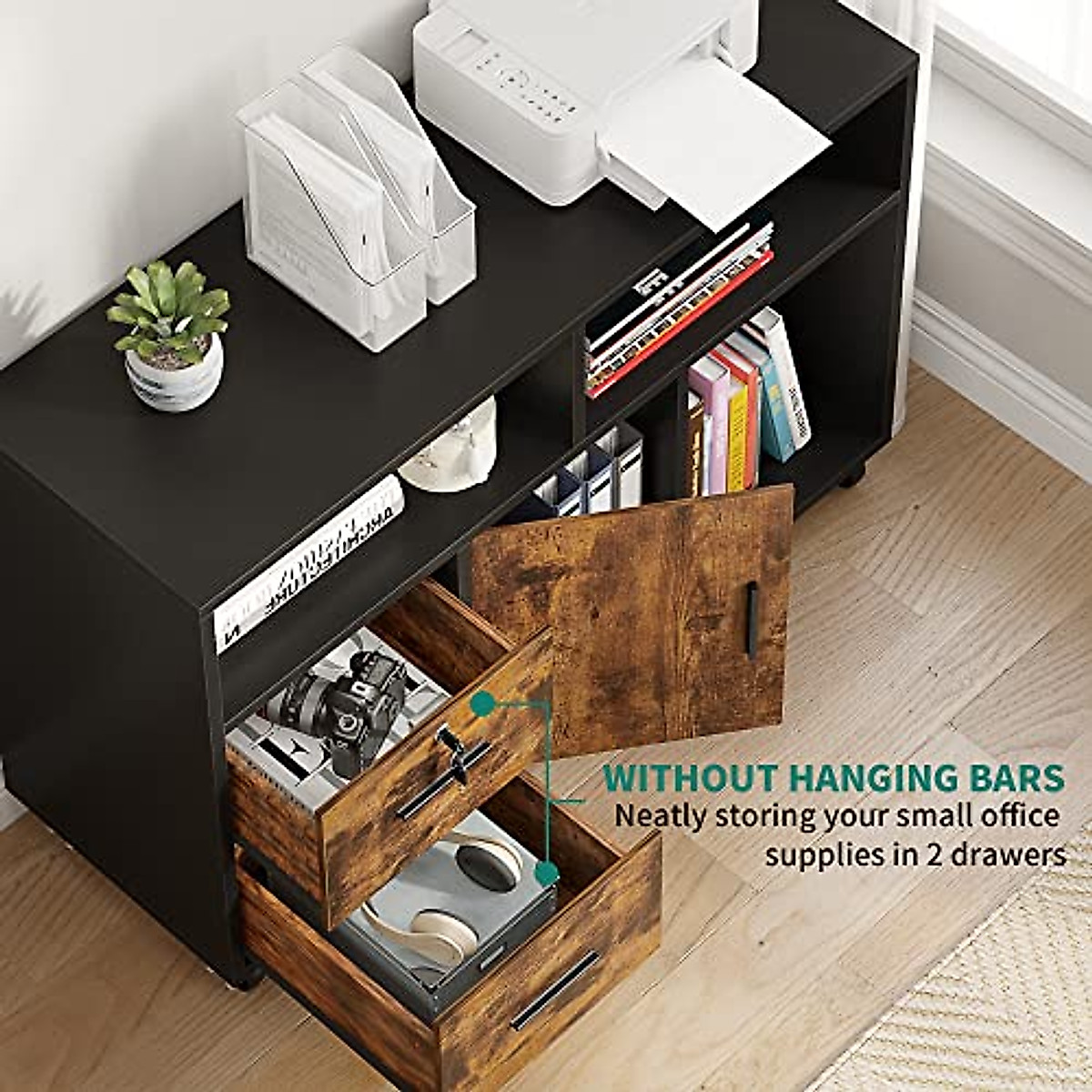 YITAHOME Wood File Cabinet, Mobile Filing Cabinet 2-Drawer Lateral File Cabinet for Letter, Legal, A4 Size, Printer Stand with Open Storage Shelves for Home Office,Black and Rustic Brown