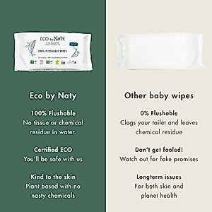 Eco by Naty Flushable Baby Wipes - Compostable and Plant-Based Wipes, Chemical-Free and Hypoallergenic Baby Wipes Safe for Baby Sensitive Skin, 56 Wipes Per Pack (3 Pk)