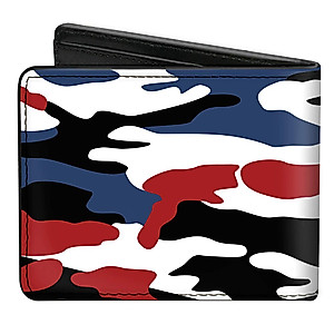 Buckle-Down Men's Ford Wallet, Bifold, Text Americana Camo Black White Red Blue, Vegan Leather, 4.0" x 3.5"