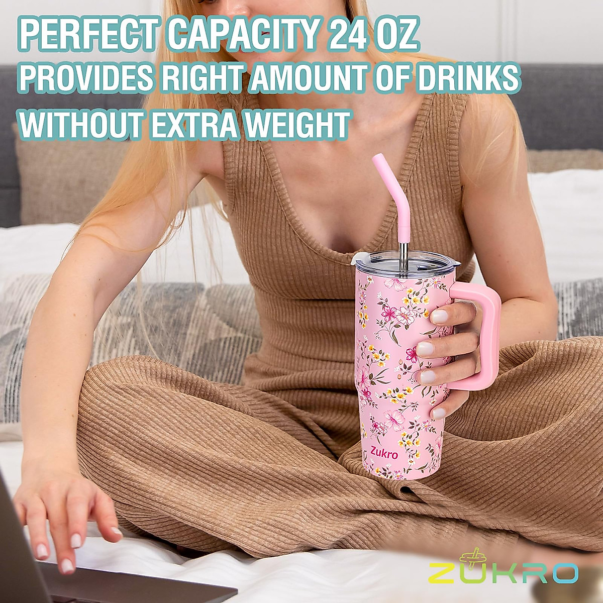 Zukro 24 oz Tumbler with Handle and Straw, Triple-wall Vacuum Insulated Coffee Travel Mug with 2 Lids For Hot/Cold Drinks, No Sweat Stainless Steel Cup for Home/Office, Dishwasher Safe, Yellow Checker