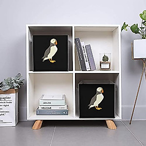 Puffin Bird PU Leather Collapsible Storage Bins Canvas Cube Organizer Basket with Handles