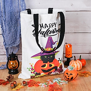 ATFUNSHOP Halloween Tote Bag 15.7'' Trick or Treat Bag Halloween Canvas Bags Reusable Large Halloween Grocery Bag for Kids Cat