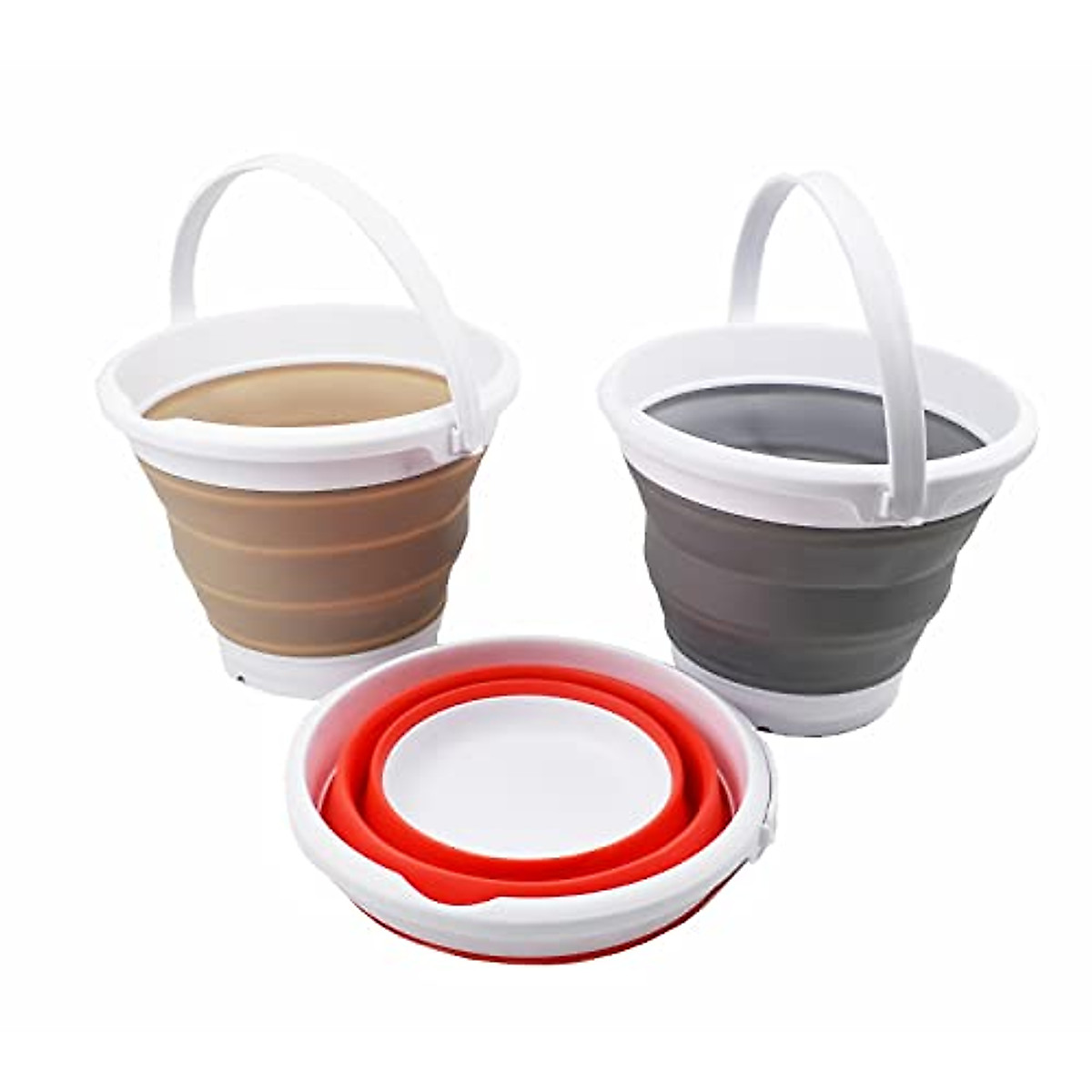 SAMMART 5.5L (1.4 Gallon) Set of 3 Collapsible Plastic Bucket - Foldable Round Tub - Portable Fishing Water Pail - Space Saving Outdoor Waterpot. (Grey & Latte & Orange Red)