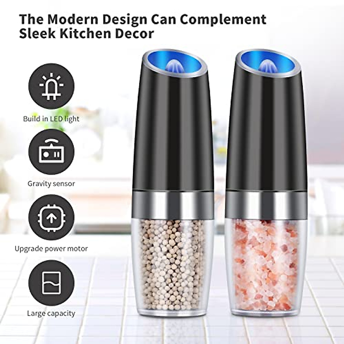 EasyCom Gravity Electric Salt and Pepper Grinder Set, Battery Powered with LED Light, Adjustable Coarseness, One Hand Automatic Pepper Mill Grinder for Kitchen and BBQ, 2 Pack, Black