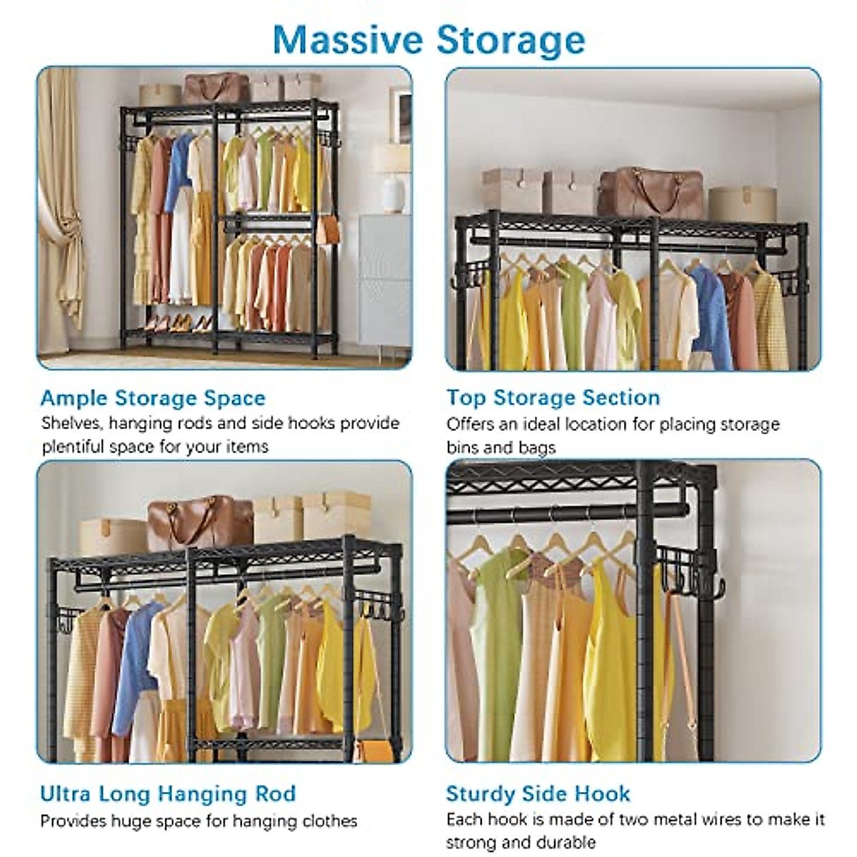 VIPEK V4 Garment Rack Bedroom Armoires Compact Freestanding Closet Storage Organizer, Portable Wardrobe Closet Heavy Duty Clothes Rack Metal Clothing Rack with 3 Hanging Rods & 2 Side Hooks, Black