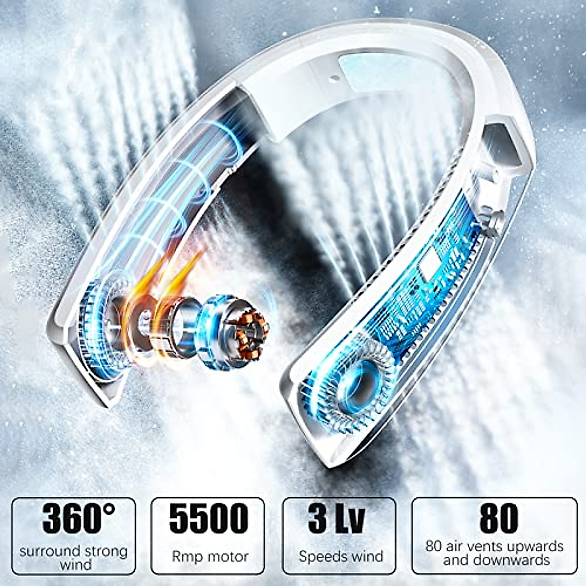 Neck Fan Portable Neck Air Conditioner Rechargeable 4000mAH Battery, Bladeless Neck Fans Neck Cooler for Women Man Personal Fan for Your Neck Cooling Device 3 Speeds Fan and Semiconductor Cooling Chip