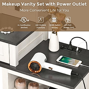 ANWBROAD Farmhouse Makeup Vanity Desk with Sliding Mirror and Lights Antique White Makeup Vanity Table Set with Charging Station Nightstand 3 Colors Lights Storage Shelves Cushioned Stool UBDT56W01