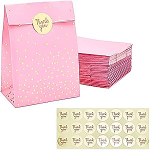 Sparkle and Bash Pink Gift Bag, Party Favor Bags with Gold Stickers (5.15 x 8.6 in, 36 Pack)