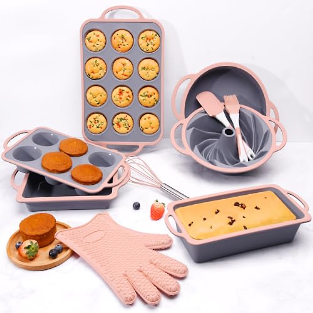 Silicone Bakeware Sets, 10in1 Silicone Baking Pans Set, Baking Set, Bundt Cake Pan Set Muffin Pan with Silicone Spatulas Pastry Brush Oven Mitts Whisk, Silicone Baking Pan Set for Cheesecake (Pink)