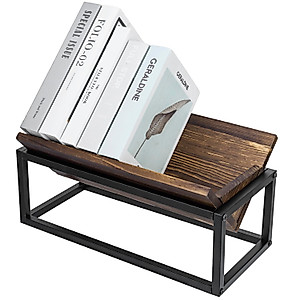 MyGift Rustic Burnt Solid Wood Tabletop Book Holder Rack with Industrial Black Metal Frame, Desktop Tilted Bookcase Reading Book Storage Organizer