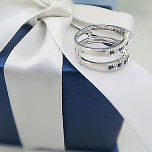 Dazzlingrock Collection 14K White Diamond & Blue Sapphire Women Millgrain Anniversary Wedding Guard Ring, White Gold, Size 7