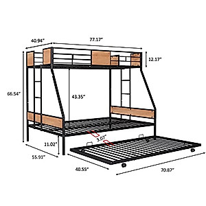 WIILAYOK Metal Bunk Bed Twin Over Full Bunk Bed with Trundle,Heavy Duty Metal Bunk Bed Frame with Safety Rail and Two-Side Ladders for Kids Teens Adults (Black)