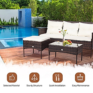 RELAX4LIFE 3 Pieces Patio Furniture Sectional Set, Rattan Wicker Conversation W/ 5 Cozy Seat & Back Cushions, Tempered Glass Coffee Table for Poolside, Balcony Outdoor Furniture (Beige+Brown)