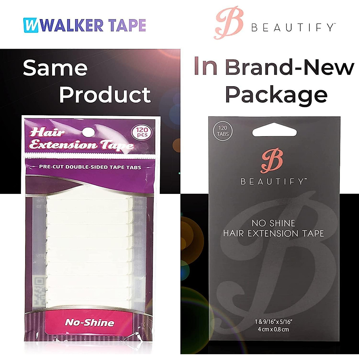 Beautify No Shine Hair Extension Tape Tabs - Double Sided Replacement Tape for Hair Extensions, 120 Tabs per Pack - Shine-Free Hold