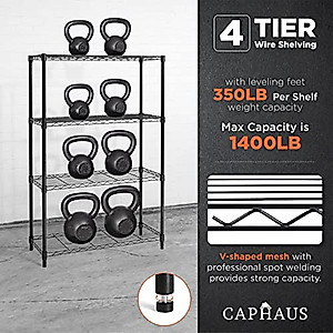 CAPHAUS 4-Tier Adjustable Height Wire Shelving Unit, Wire Rack Shelving, Metal Steel Storage Shelves, Garage Shelving Storage Organizer, Utility Storage Shelf, Without Wheels, Black