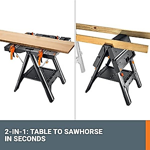 Worx Pegasus 2-in-1 Folding Work Table & Sawhorse, Easy Setup Portable Workbench, 31" W x 25" D x 32" H Lightweight Worktable with Heavy-Duty Load Capacity, WX051 - includes 2 Clamps & 4 Clamp Dogs