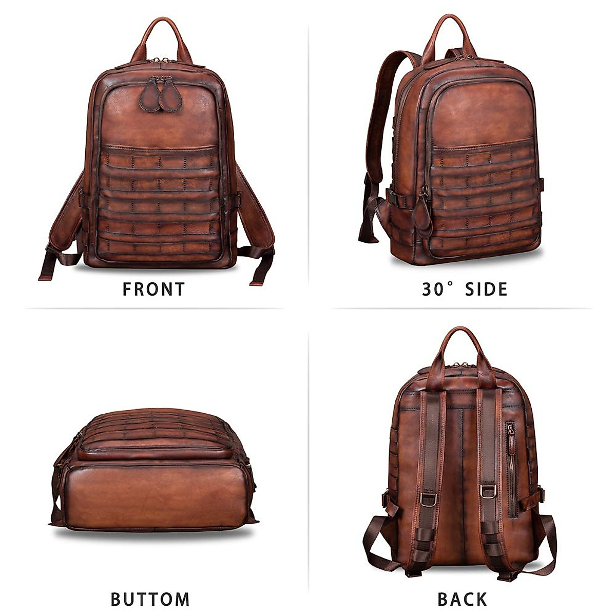Genuine Leather Backpack for Men Vintage Handmade High Capacity Rucksack Casual Daypack Laptop Knapsack (Coffee)