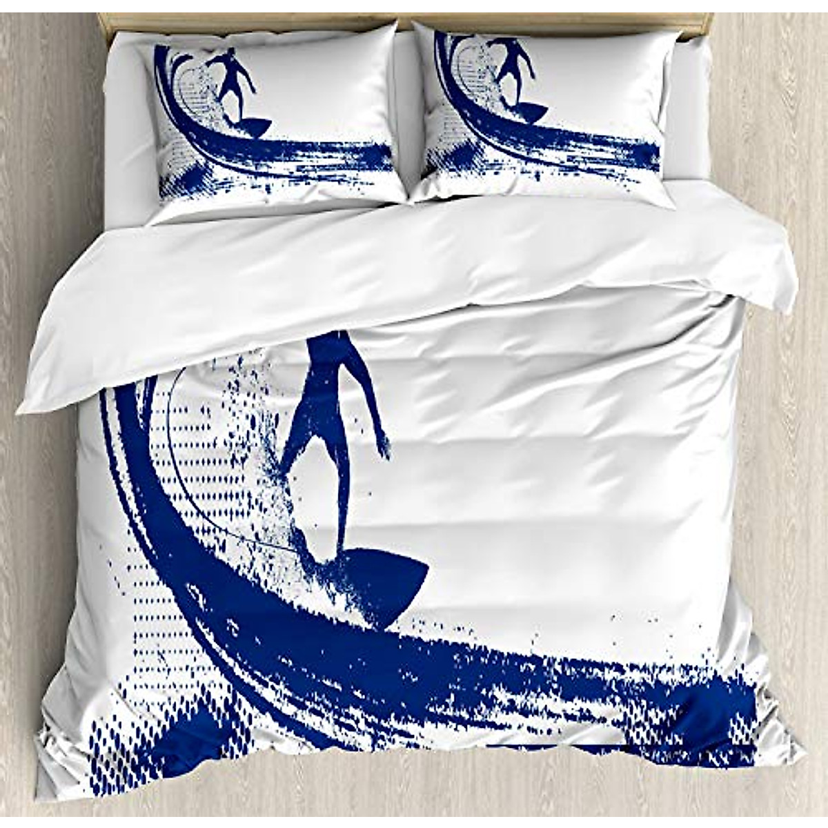 Ambesonne Surfboard Duvet Cover Set, Water Sports Activity Related Weathered Pattern of Pipeline Wave and Surfer, Decorative 3 Piece Bedding Set with 2 Pillow Shams, Queen Size, White Dark Blue
