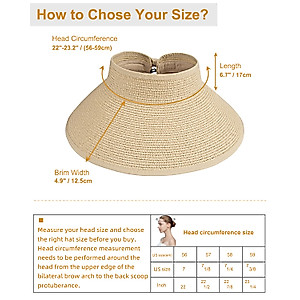 MAYLISACC Straw Sun Visor Hats for Women UPF50+ with Large Wide Brim, UV Protection Packable Floppy Beach Sun Hat Vicera Mujer Khaki