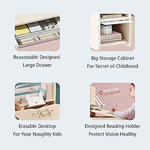 FCD Kids Desk and Chair Set, Ergonomic Wood Adjustable Kids Study Desk with Bookshelf, Tiltable Desktop, Tablet Holder and Drawers for Writing, Reading and Drafting (Desk and Chair, Pink)