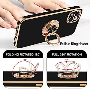 Hython Case for iPhone 14 Plus Case with Ring Stand [360° Rotatable Ring Holder Magnetic Kickstand] [Support Car Mount] Plated Gold Edge Soft TPU Luxury Shockproof Protective Phone Case Cover, Black