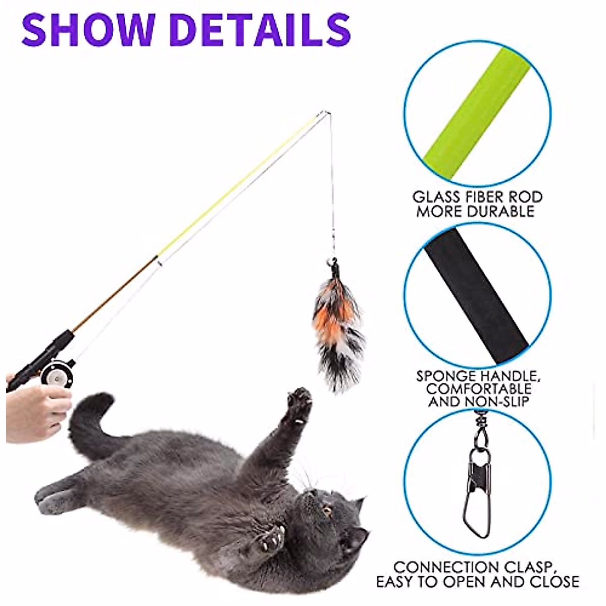 Whefory Retractable Cat Teaser Wand Toy, Cat Toys for Indoor Outdoor Cats Interactive Fishing Rod with 8 Pcs Refills Feather Toy, Plush Mouse Caterpillar & Fish
