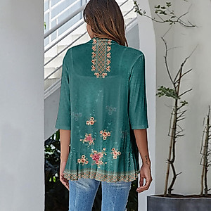 Cardigan Sweater for Women Retro Print Casual Duster Cardigans Lightweight Jackets 3/4 Sleeve Blouse Tops Coat Floral Jackets for Women Dance Dresses for Women（2-Dark Green,XX-Large）