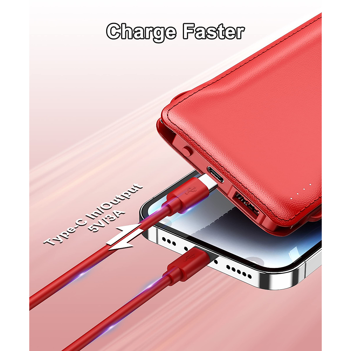 TG90° Portable Charger 10000mah Cell Phone Battery Backup, Ultra Slim Power Bank with Built in Lightning and USB-C Cable, Portable Phone Charger Battery Packs Compatible with iPhone Android Phones