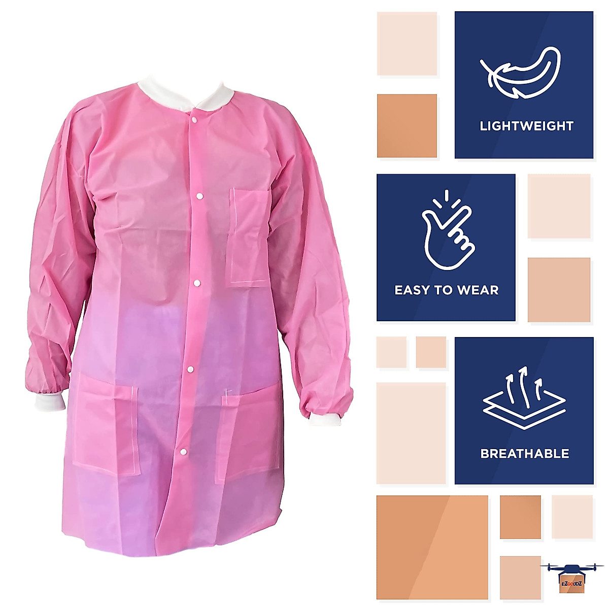 EZGOODZ Light Pink Disposable Lab Coats for Adults, X-Large. 10 Pack Medical PPE Coat. SPP 45 GSM Painting Lab Coat with Cuffs, Collar, Plastic Snaps, 3 Pockets. Splash-Proof Disposable Coats Medical