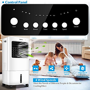 COSTWAY Evaporative Cooler, 3-in-1 Cooler, Fan and Humidifier with 7.5H Timer, 4 Speeds and 3 Modes, Remote Control, Portable Air Cooler with 4 Wheels, 2 Ice Boxes for Home Office